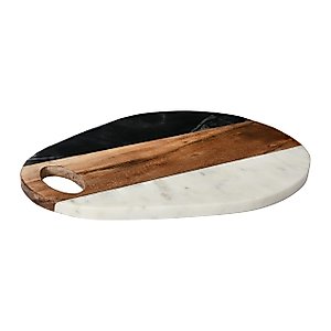 Bloomingville Marble and Acacia Wood Cutting Board with Handle, Multicolor Serving Pieces, 15" L x 15" W x 1" H