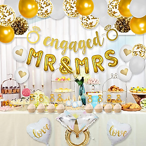 Gold Engagement Party Decorations, Gold Engaged Banner, MR and MRS Balloons, Giant Ring, Heart Balloons, Gold Latex Confetti Balloons for Engagement Bachelorette and Bridal Shower Decorations