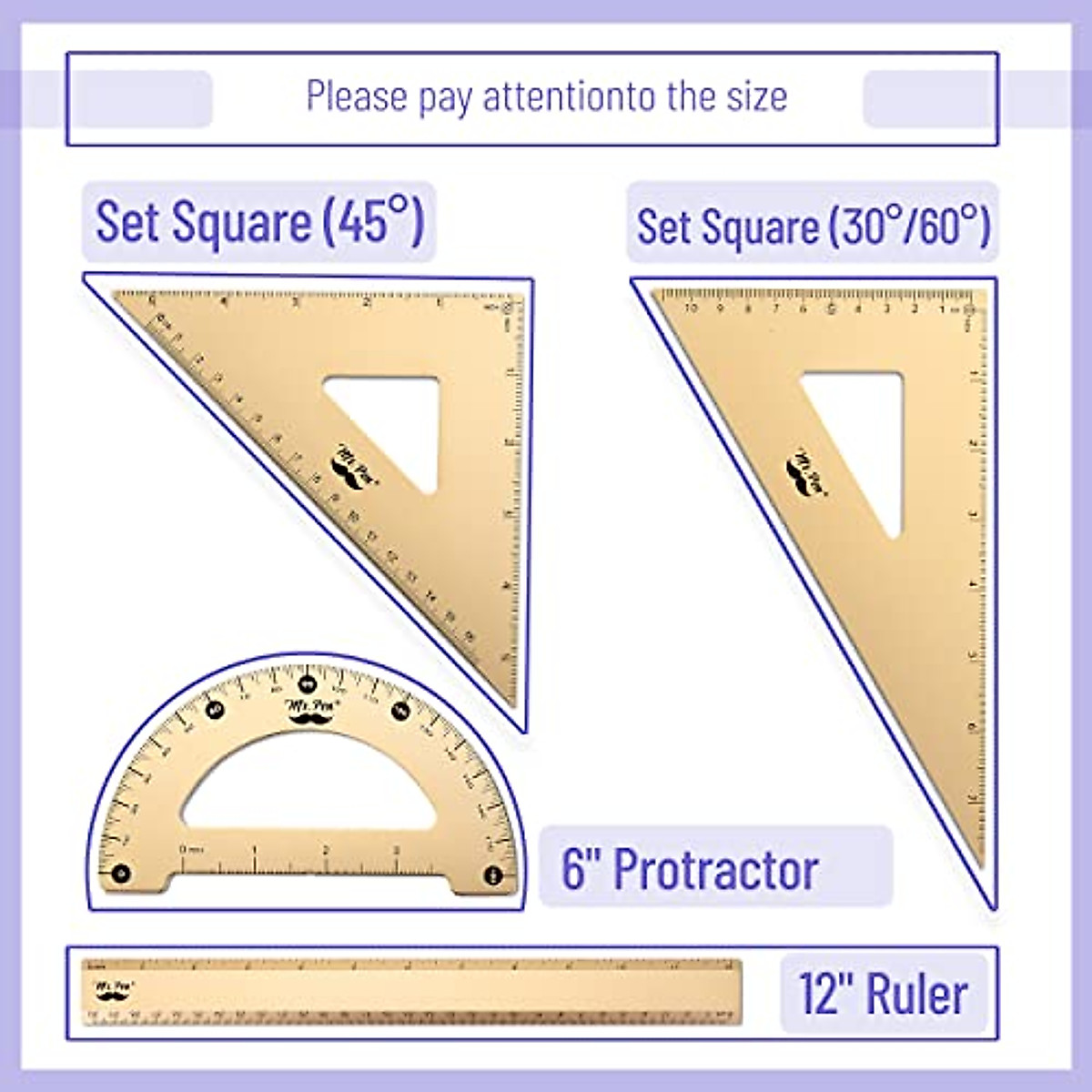 Mr. Pen- Geometry Set, Gold Color, 4 Pack, Metal Geometry Kit, Triangle Ruler, Metal Ruler, Drafting Triangles, Metal Protractor, Metal Set Square, Drafting Ruler, Drafting Set