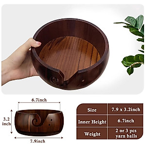 Wooden Yarn Bowl Holder, Craft Knitting Bowl with 8pcs Metal Crochet Hooks, 7.9''Large Yarn Holder Dispenser Yarn Storage Bowls, for Knitters & Crocheters (Brown 7.9 inch)