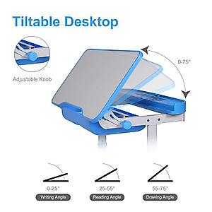 SMAGREHO Kids Desk and Chair Set, Height Adjustable Child's School Study Writing Tables with Tilt Desktop, LED Light, Storage Drawer, Book Stand (Pink)