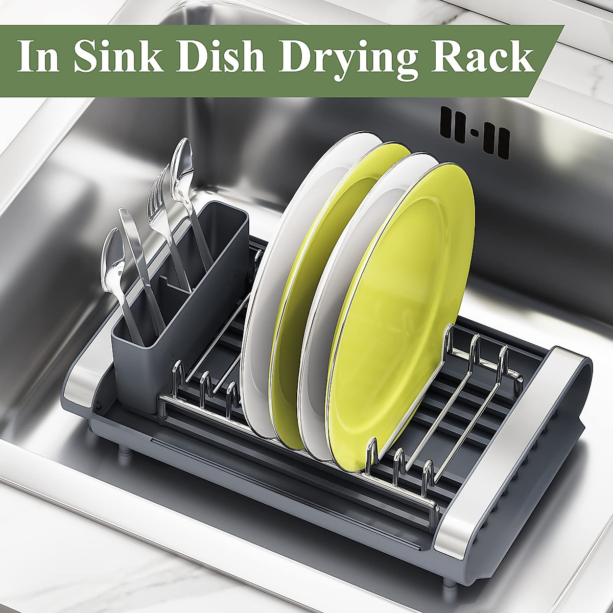 Dish Drying Rack, Kitchen Counter Small Dish Drainers Rack Expandable(11" to 19.3"), in Sink Dish Drying Rack Auto-Drain Compact Stainless Steel Dish Strainers with Utensil Caddy, Grey