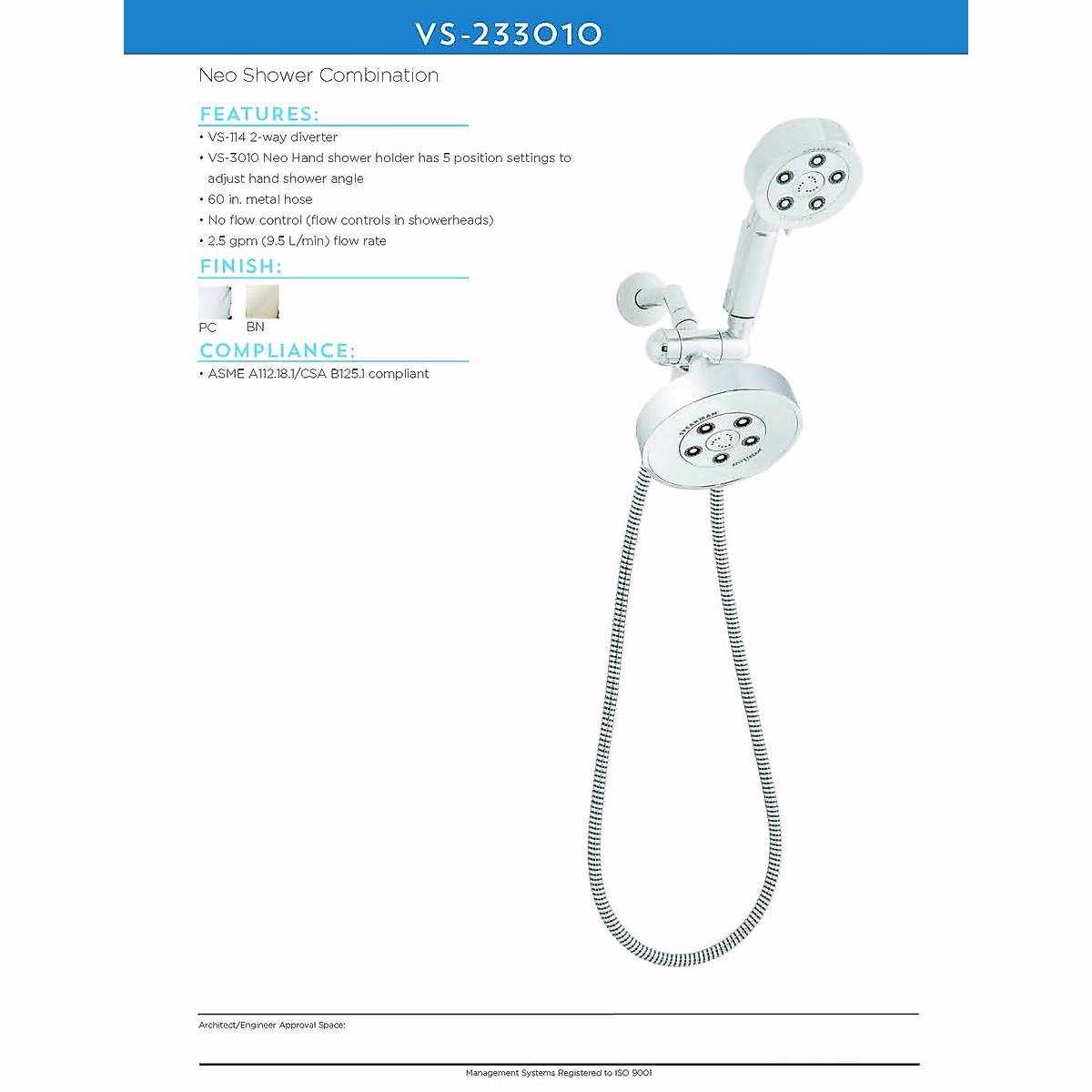 Speakman VS-233010 Neo Anystream 2-Way Shower Combination, 2.5 GPM, Polished Chrome