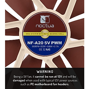 Noctua NF-A20 5V PWM, Premium Quiet Fan with USB Power Adaptor Cable, 4-Pin, 5V Version (200x30mm, Brown)