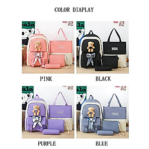 Lokkcy Kawaii Backpack 4Pcs Set with cute plush Pendants & Badge,Japanese School Bag and Backpack for Girls 10-12(Black)