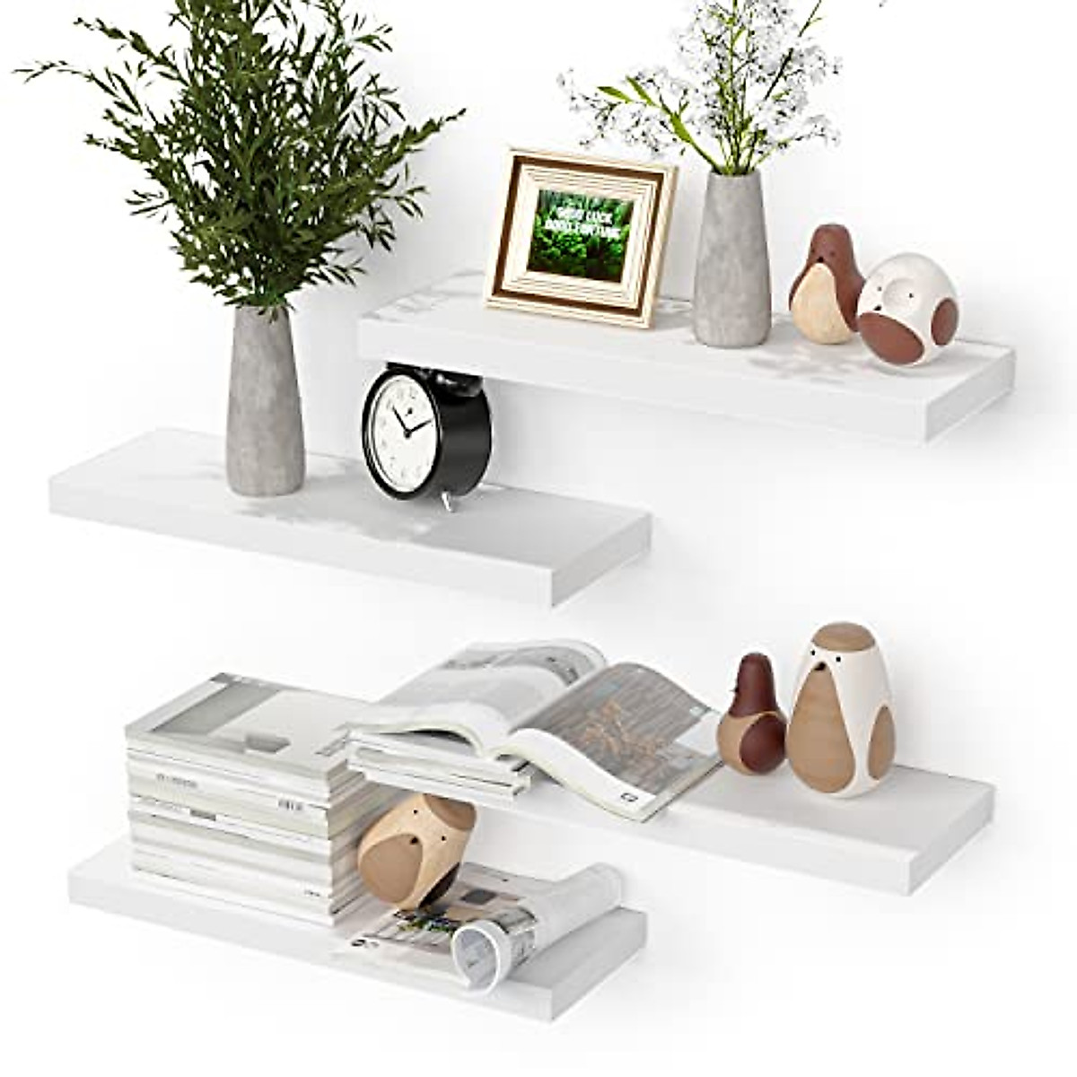 Boswillon White Floating Shelves for Wall, 4 Sets White Wall Shelves for Bedroom with Invisible Brackets, White Shelves for Wall Decor, Modern White Shelf for Bathroom, Kitchen – White