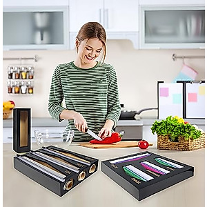 BAMBOO HEAVEN Wooden Ziplock Bag Organizer with Foil and Plastic Wrap Organizer with Cutter and Labels - Black Bamboo | Wax Paper, Plastic Wrap & Aluminum Foil Roll Dispenser with Slide Cutter