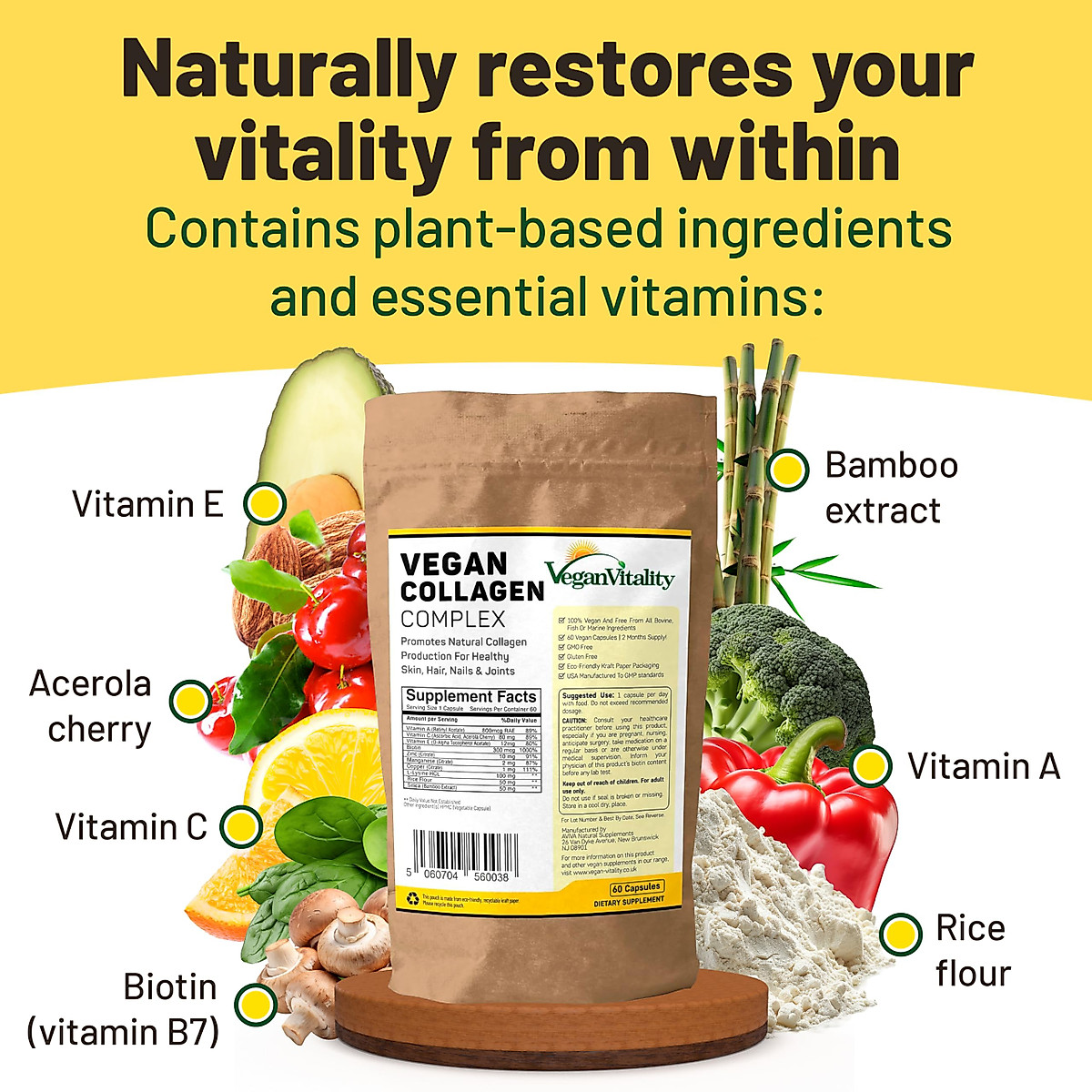 Vegan Collagen Supplements with Biotin for Hair, Skin, Nails & Joints - 2 Months Supply. Cruelty Free Plant Based Collagen Vegan, Vegetarian Collagen Booster Pills for Women and Men