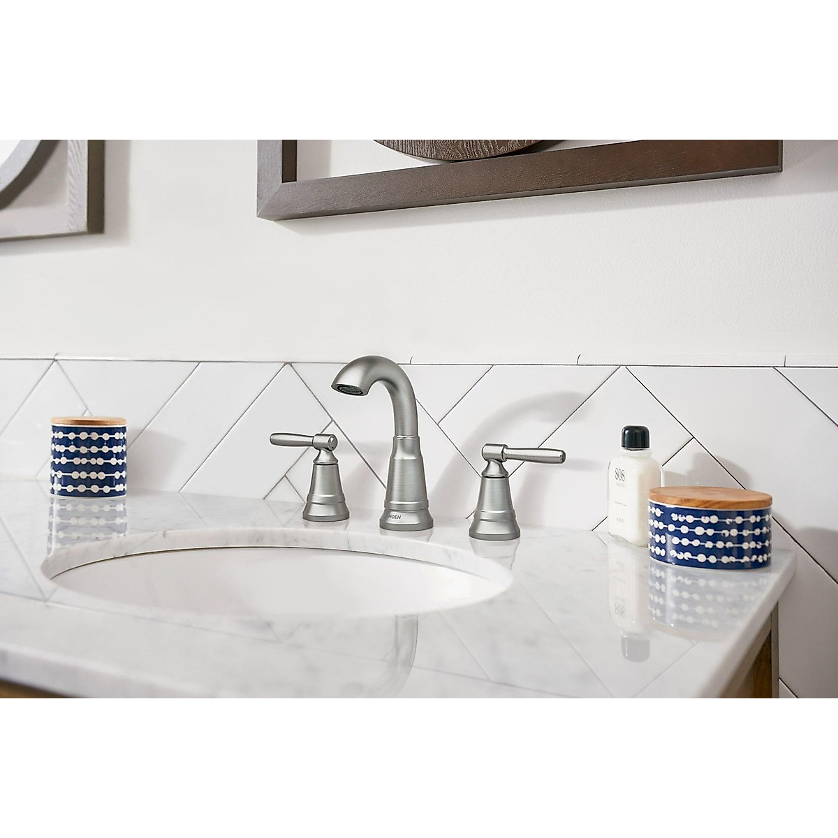 Moen Halle Spot Resist Nickel Widespread Bathroom Faucet with Drain Assembly, Traditional Bathroom Sink Faucet for 3-Hole Applications, 84972SRN