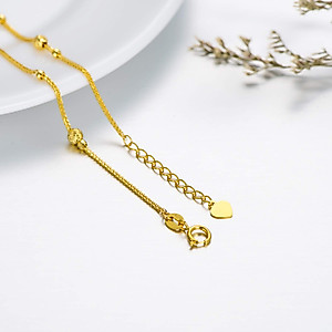 18K Solid Gold Bracelet for Women, Dainty Real Gold Beads Ball Adjustable Chain Bracelet Fine Jewelry Anniversary Christmas Gift for Her, Wife, Mom, Girls, 6.5"-7.5"