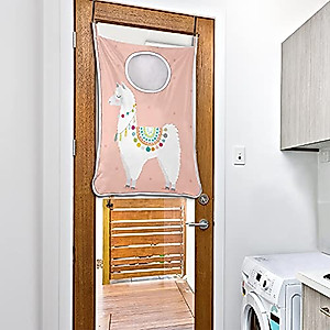 Cute Alpaca Hanging Laundry Hamper Bag with 2 Door Hooks, Pink Alpaca Holding Dirty Clothes Bag, Saving Space Hanging Laundry Bag for Door Wall, Closet, Bathroom