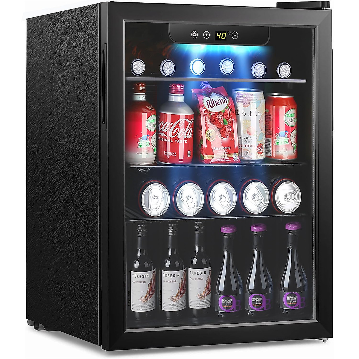 Kndko Mini Beverage Refrigerator and Cooler - 95 Can Mini Fridge with Digital Temperature Control, LED Light, Reversible Door, Perfect for Home, Office, Bar, and Game Room - 2.6 Cu.Ft, Black