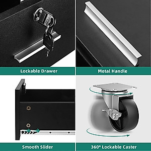 YITAHOME Wood File Cabinet, 3 Drawer Mobile Lateral Filing Cabinet, Storage Cabinet Printer Stand with 2 Open Shelves for Home Office Organization, Black