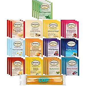 By The Cup Twinings Herbal Tea Bags, Pure Peppermint, Camomile, Rooibos Red, Honeybush Mandarin Orange, Plus 9 More Flavors - with BYTC Honey Sticks, 40 Individually Wrapped Tea Bags