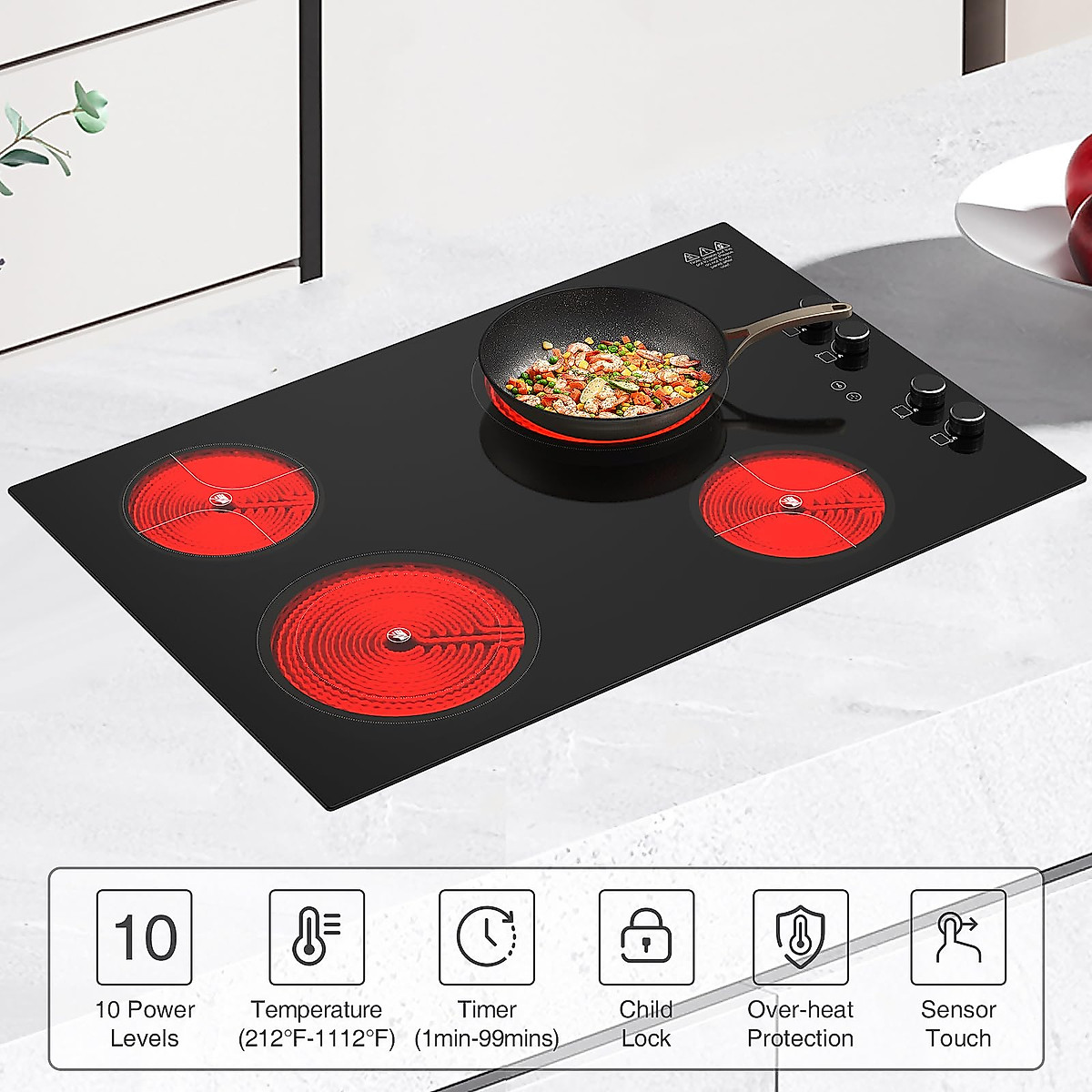 Electric Cooktop 30 Inch, Electric Stove Top 4 Burner 7200W, POTFYA Build-In Electric Ceramic Cooktop for Cooking, 220-240V, Knob Control,No Plug,Suitable for all Pans