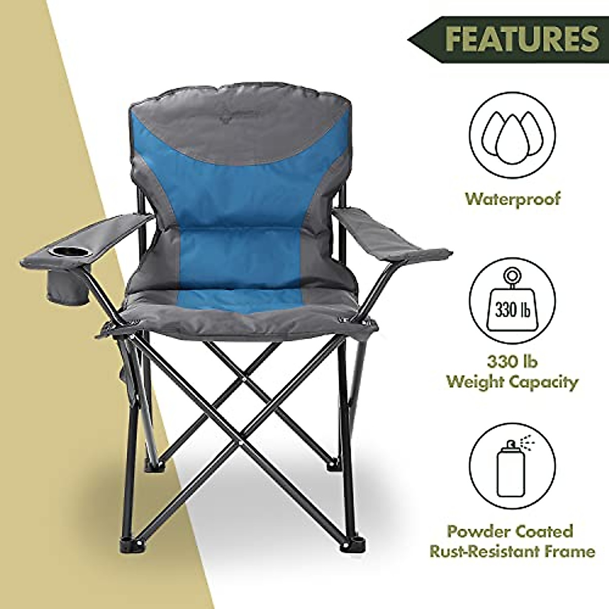 ARROWHEAD OUTDOOR Portable Folding Camping Quad Chair w/Added Ultra-Comfortable Padding, Cup-Holder, Heavy-Duty Carrying Bag, Padded Armrests, Supports up to 330lbs, USA-Based Support (Blue & Gray)