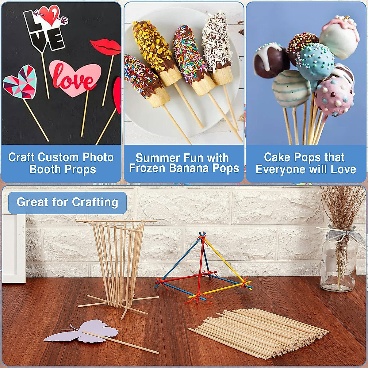 Wooden Dowel Rods Assorted 1/8 Inch x 6", 200 Wood Dowels, Wooden Dowels for Crafts, Precut Dowels for Crafting, Hardwood Dowel Rod, Wooden Rod Sticks Doweling Rods, Cake Dowels for Tiered Cakes