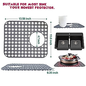 Kitchen Sink Silicone Protector Mat: 2 PCS Sink Mats for Rear Drain Hole, Folding Non-slip Support Grid Sink Mat for Bottom of Stainless Steel Porcelain Sink Protectors Mat 13.8'' x 11.8''