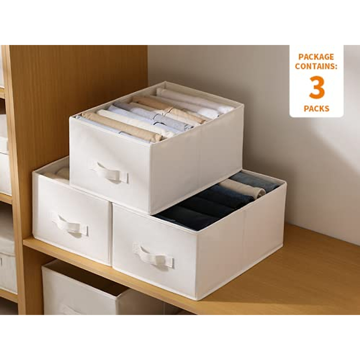 Large Fabric Storage Bins for SheIves, 16.9"D x 11.8"W x 8.26"H Odorless & Sturdy Closet Bins, Collapsible Cotton Linen Bins for Organizing Clothes, Toys, Books - 3 Pack, Beige