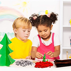 Whaline 350 Pcs Christmas Pipe Cleaners Set Including 100 Pcs Brown Craft Chenille Stems, 100 Pcs Multi Sized Wiggle Googly Eyes and 150 Pcs Pompoms for Christmas Craft Party DIY Art Supplies