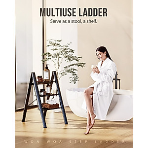 WOA WOA 3 Step Ladder, Foldable Step Stool, Aluminum Lightweight Ladder for Home Kitchen Closet, Anti-Slip Pedals, Ease of Folding, Portable, 300lbs Capacity - Black