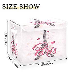 SUABO Paris Eiffel Tower Storage Bin with Lid, Pink Large Oxford Cloth Butterfly Love Storage Boxes Foldable Home Cube Baskets Closet Organizers for Nursery Bedroom Office