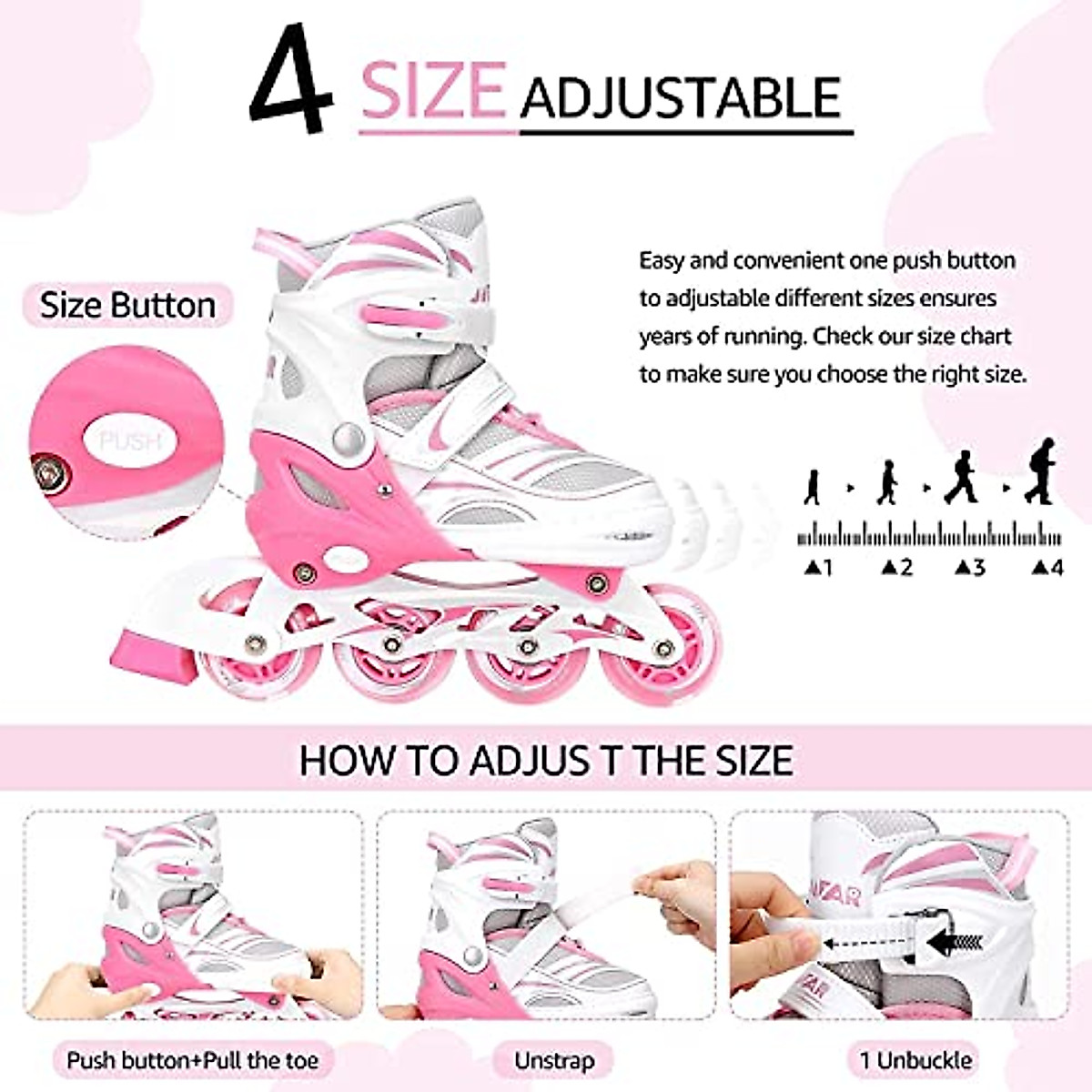 JeeFree 4 Size Adjustable Inline Skate for Kids,Children's Inline Skates with Light Up Wheel,Outdoor Illuminating Roller Blades Skates for Girls,Boys and Beginners