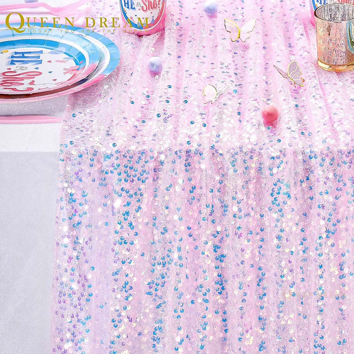 Pink Table Runner 10FT Glitter Iridescent Sequin Table Runner 25x120 Inches for Bridal Baby Shower Girls Birthday Party Sweetheart Table Decorations