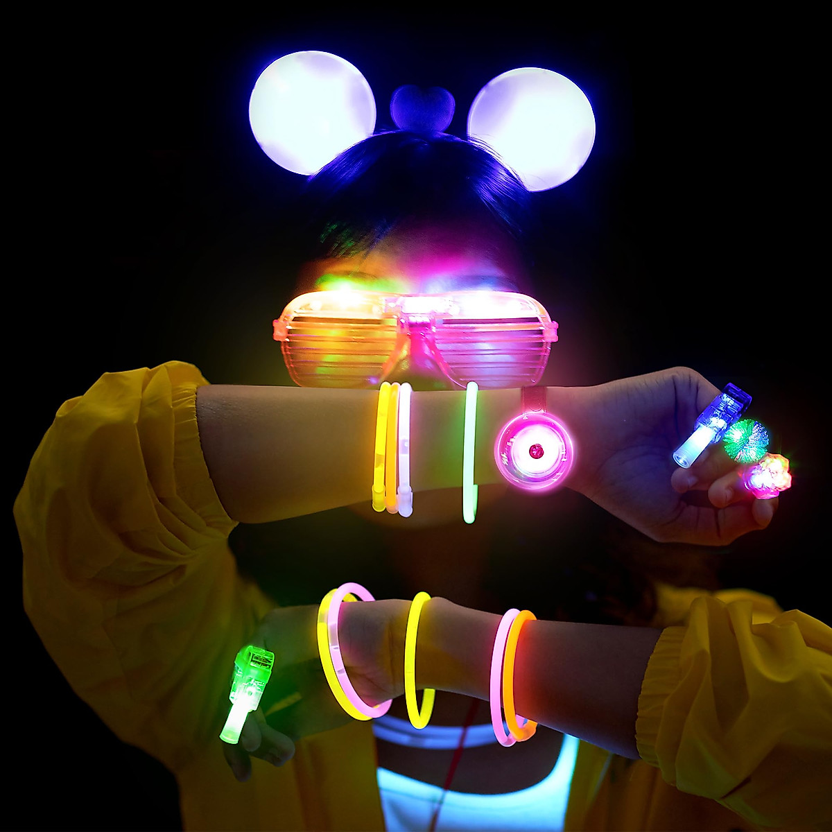 Mocoosy 103Pcs Glow in the Dark Party Supplies, Light Up Party Favors for Kids LED Neon Toys Bulk Party Pack With Glow Sticks,Led Glasses,Light Up Bracelets,Finger Lights,Jelly Rings and Headbands