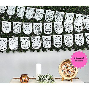 Mini white banners, 5 Pack Papel Picado Mini flag garlands, Fiesta decoration, Cinco de Mayo, Mexican Wedding, Taco Tuesday Features butterflies, flowers, suns and cactus.