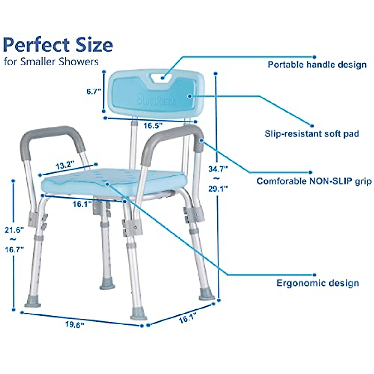 BlessReach Easily Assembled Portable Shower Chair Seat, Adjustable Shower Bench, Shower Lift Chair with Arms. (Blue)…