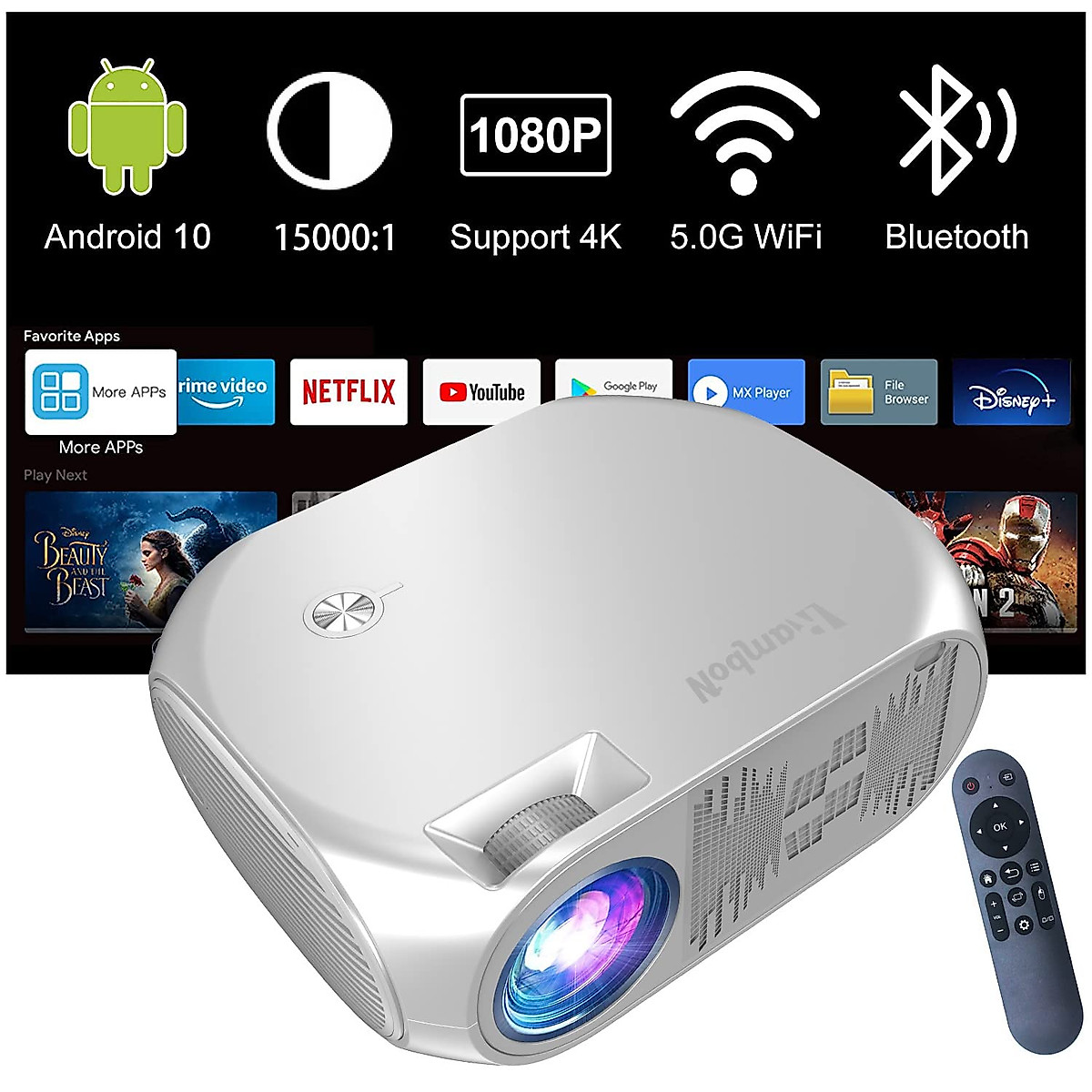 RamboN Native 1080P Full HD 4K Supported Movie 5G WiFi Projector, , 9500L Smart Projector,Support 4D Keystone Correction, Zoom, PPT