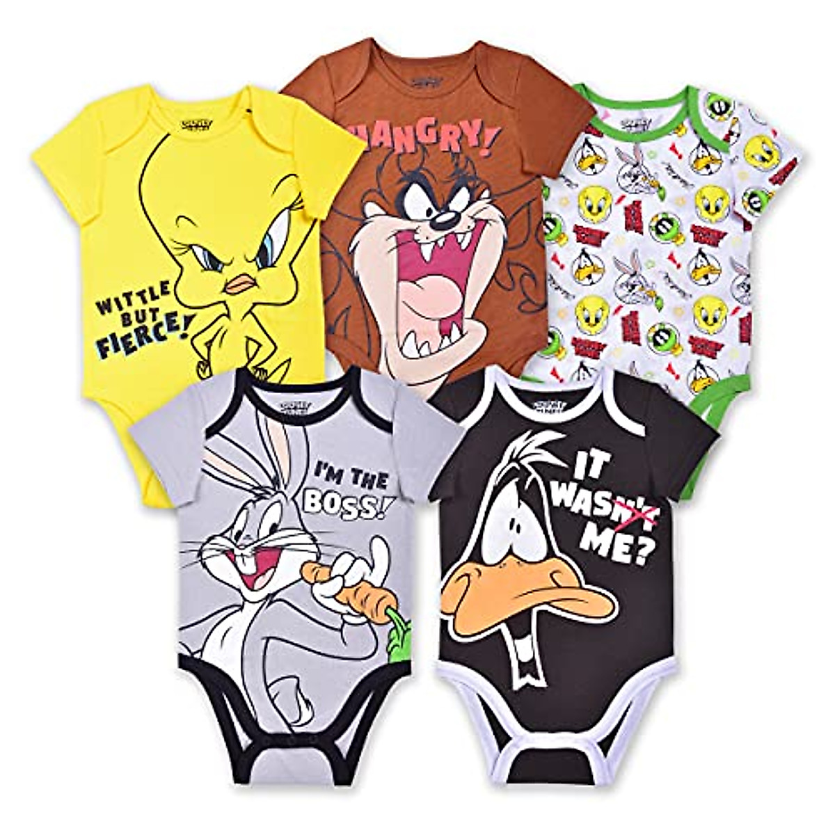 Warner Bros. Looney Tunes Boys’ 5 Pack Short Sleeve Bodysuit for Newborn and Infant – Yellow/Grey/Brown/White/Black
