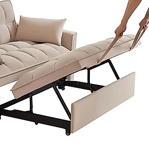 3 in 1 Convertible Sleeper Sofa Couch Bed, 2-Seater Futon Loveseat with Pull Out Bed , Tufted Lounge Couches with Pillows, Pockets for Living Room Apartment Small Space RV Corner Pullout Sofabed