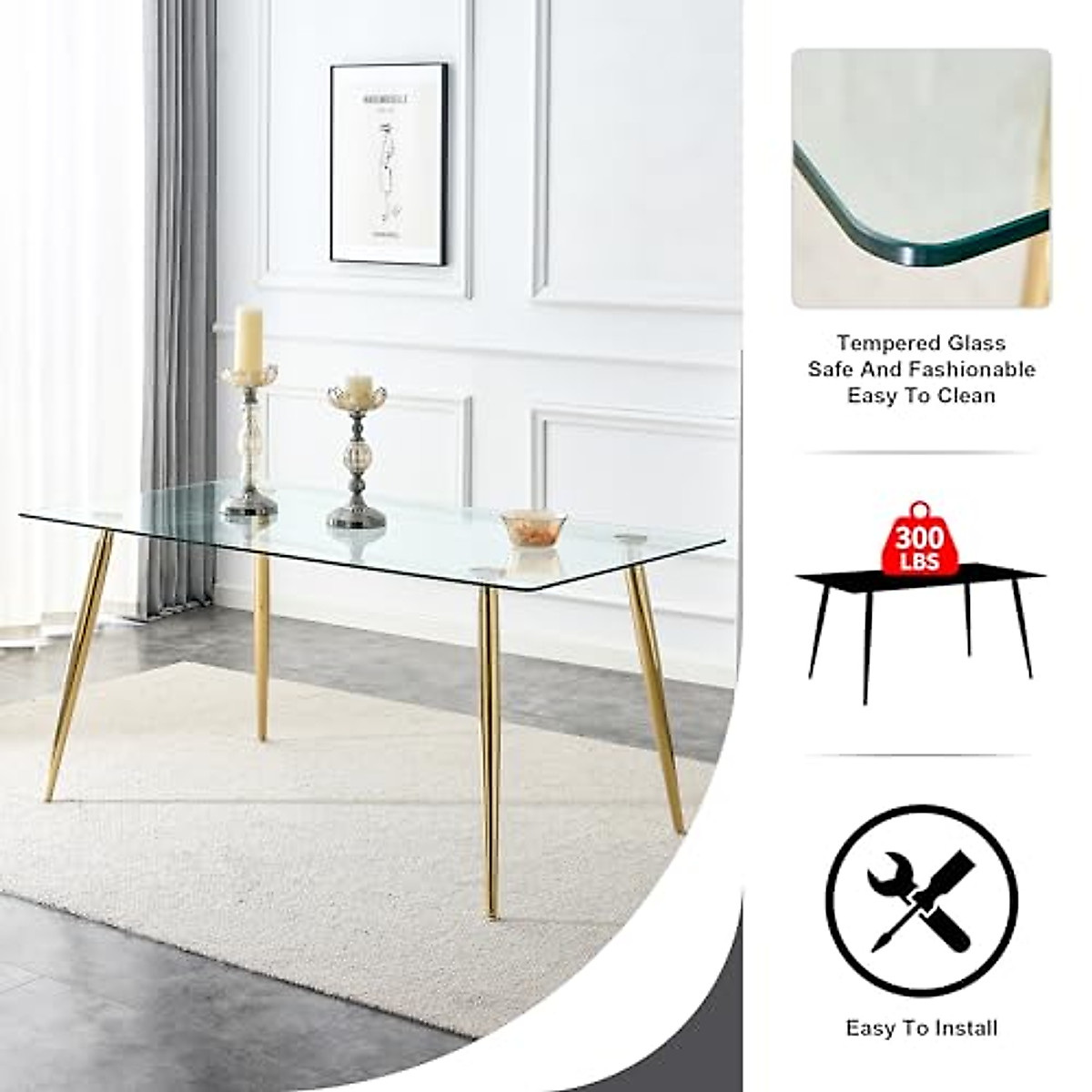 VENBER Rectangle Glass Dining Table with Gold Legs, 63" Modern Transparent Tempered Glass Desktop,End Tables Center Table for Living Room,Dining Room, Tea (Gold)