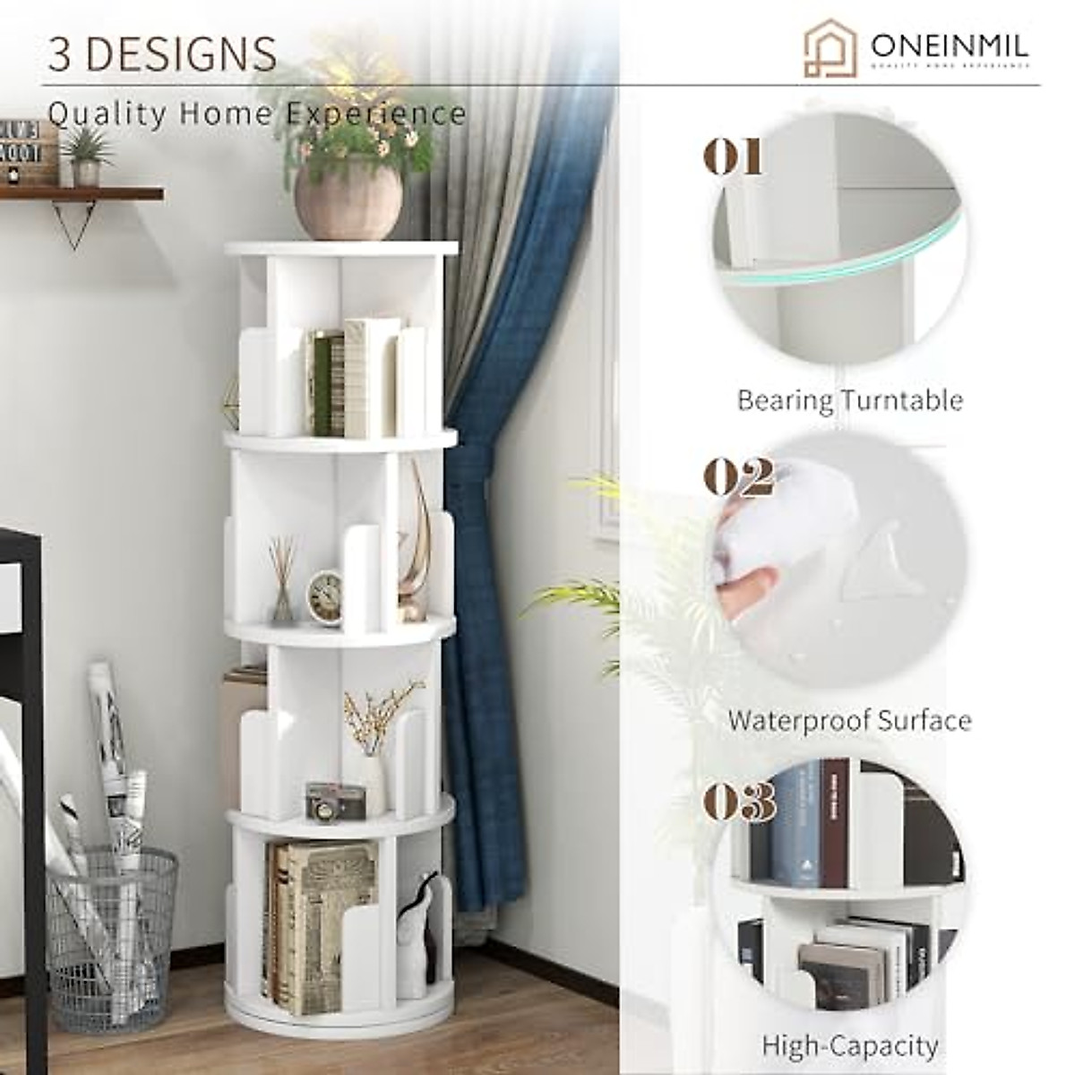 oneinmil 360° Rotating Bookshelf, Small Corner Bookcase with Small Footprint, 4 Tier Standing Bookcase for Kids&Adults, Wood Bookshelf Designed for Living Room, White