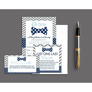 Paper Clever Party Bow Tie Baby Shower Invitation Bundle with Blank Invites with Envelopes for Boys, Diaper Raffle Insert Bring a Book Cards Set (25 of Each) Little Man Theme Blue and Grey