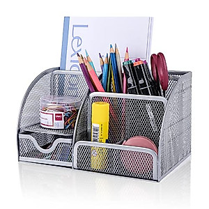 Desk Organizer Office Accessories, Multi-Functional Mesh Desk Organizer with 6 Compartments and 1 Drawer for Home, Office, School, Workshop, kitchen (Silver)