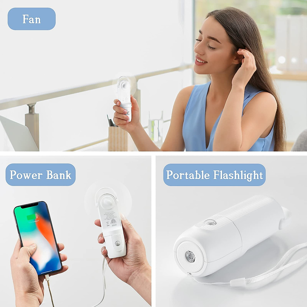 Favoriwere Handheld Mini Fan 3 in 1 Portable Face Fan 3 Speeds with Strong Wind USB Rechargeable for 30 Hours Working Personal Fan with Power Bank and Flashlight Suitable for Outdoor and Indoor White