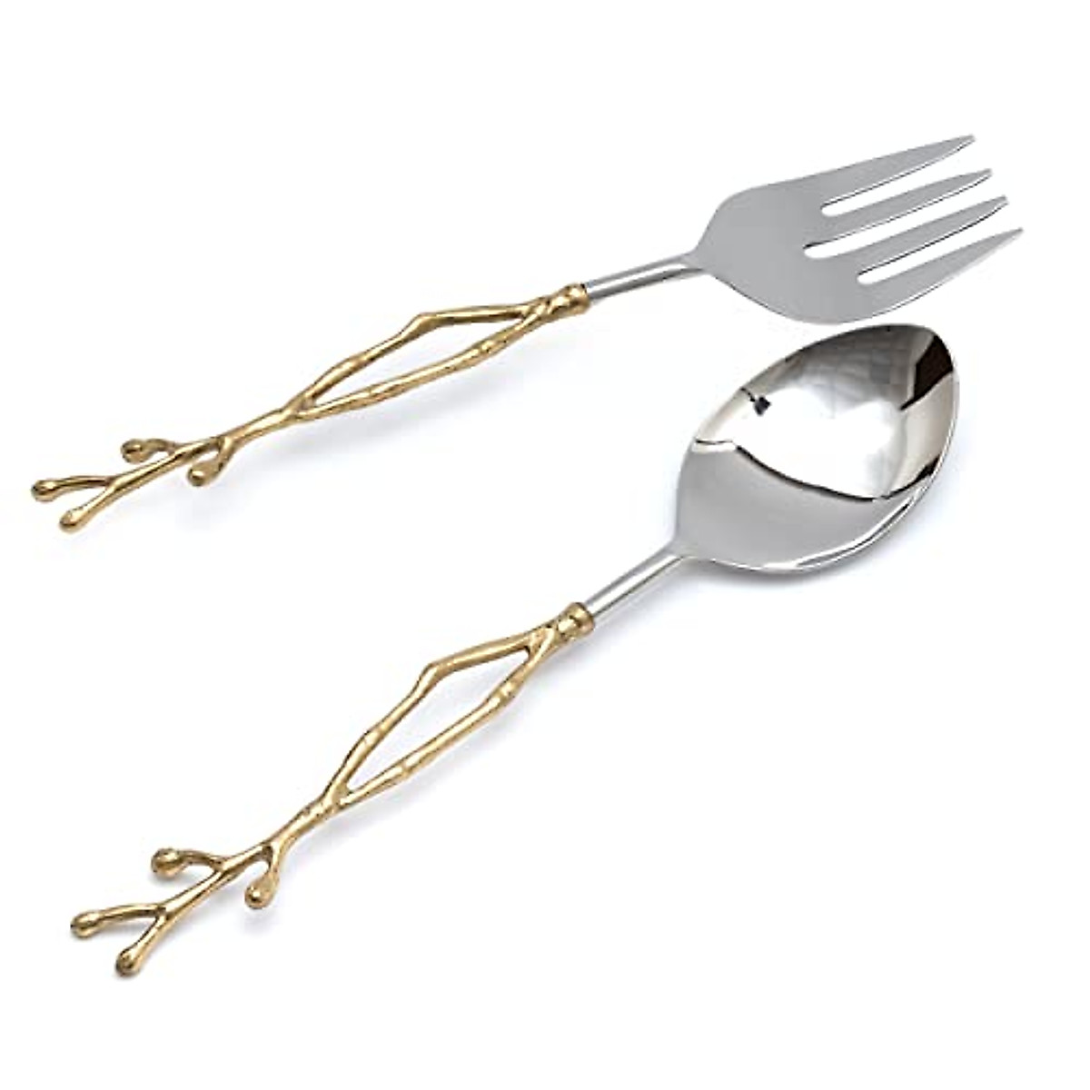 Twig Salad Servers Brass & Stainless Steel, Fork & Spoon Set Leaf Design, Two Tone Ideal for Weddings, Dinner Parties, Elegant Flatware, Housewarming Gifts, Stainless Steel Mirror Polished (Gold Twig)