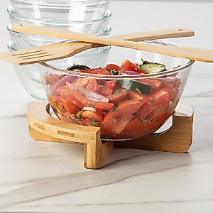 Kitchen Affections | 5pc Glass Salad Bowl Set with Serving Utensils | and Bamboo Pedestal Base | Glass Reusable Dinnerware | Durable Glass Dinner Bowls | Eco Friendly Bowls