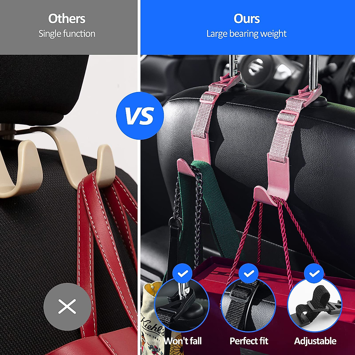 Flymic Adjustable Car Seat Headrest Hook, Universal Car Storage Headrest Hanger Holder Hooks Organizer, Vehicle Strong and Durable Backseat Hanger for Handbag Purse Coat 4 Pack Pink