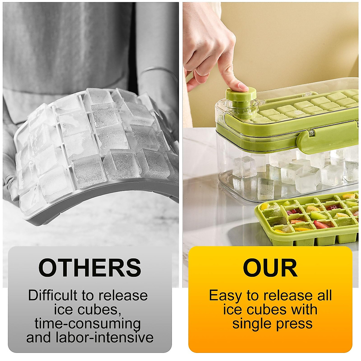 Kamsyluci Ice Cube Tray With Lid And Bin, Ice Cube Trays For Freezer, 64pcs Ice Lattice Molds Ice Container Maker For Freezer Box With Easy Release, Ez Ice Tray And Ice Scoop (Green)