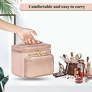 Makeup Bag Organizer,Travel Makeup Bags for Women,Cosmetic Case Organizer Fits Bottles Vertically, Toiletry Bag with Adjustable Dividers and Lipstick Organizer Holder - Rose Gold