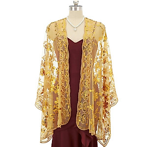 Aukmla Sequin Shawls and Wraps for Evening Dresses 1920s Lace Scarf Wedding Spakle Cape Cover Up Wedding Accessories(A Gold)