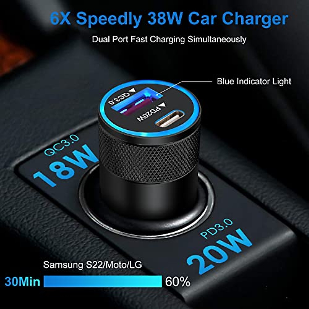 Samsung Android Phone Charger Fast Charging for Galaxy A13 A14 5G A03s A53 S22 Ultra S21 S20 A04s A23 Pixel 7 Pro 6, 20W Power Wall Charger Plug,38W USB C Cigarette Lighter Adapter, 3+6FT Type C Cable