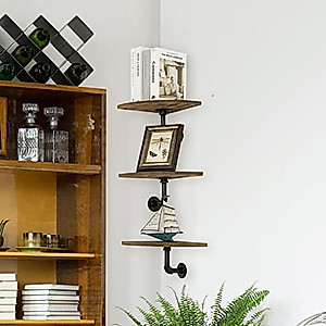 MyGift Wall Mounted Floating Corner Shelves, Rustic Burnt Solid Wood Rounded Corner Shelf with Black Metal Pipe Mounting Brackets, Set of 3