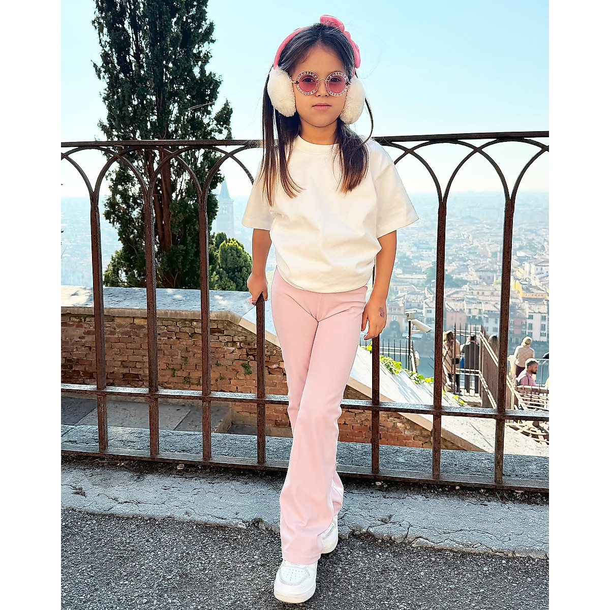 Stelle Girl's Flare Leggings High Waisted Yoga Pants Bootcut Dance Casual Pants Activewear Kids Bell Bottoms(Pink,L)