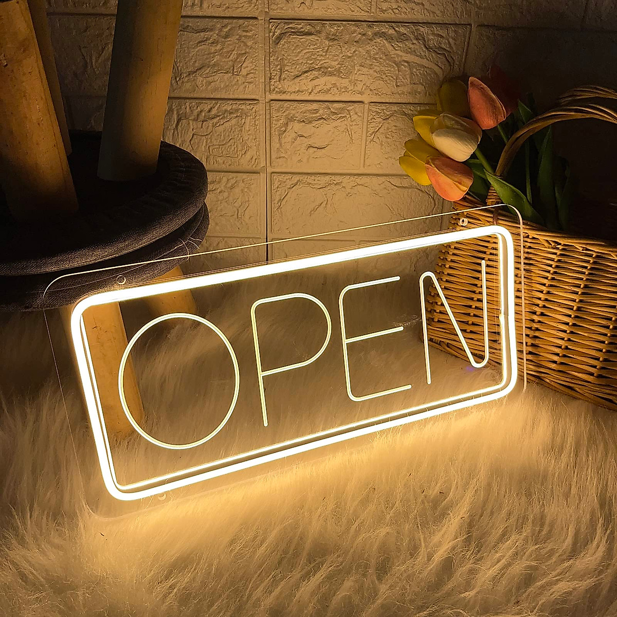 Neon Open Sign for Business, Personalized LED Open Light Up Sign Powered by USB for Bar, Stores, Salon, Coffee Shop Window, Hotel etc Small Business Welcome Neon Sign, Warm White, 15.7x7.5in