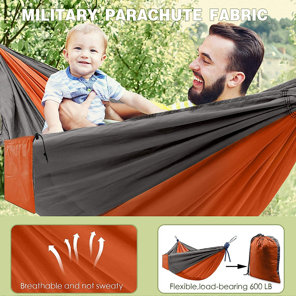 Camping Hammock, Double & Single Portable Hammocks with 2 Tree Straps and Carabiners | Easy Assembly | Lightweight Parachute Nylon Hammocks for Backpacking, Travel, Beach, Hiking (Gray/Orange)